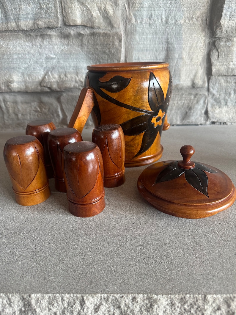 Vintage Hand Carved Polynesian Tiki Pitcher With Cups, Hawaiian Tiki ...