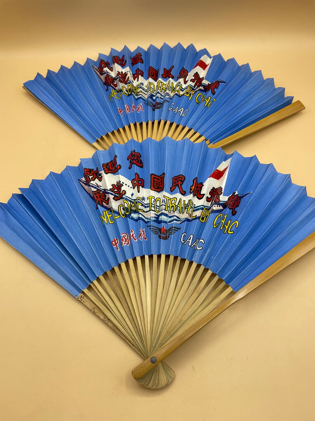 Vintage Asian Hand Fans Set of 2 Blue Beige Grapes Welcome to Travel by ...