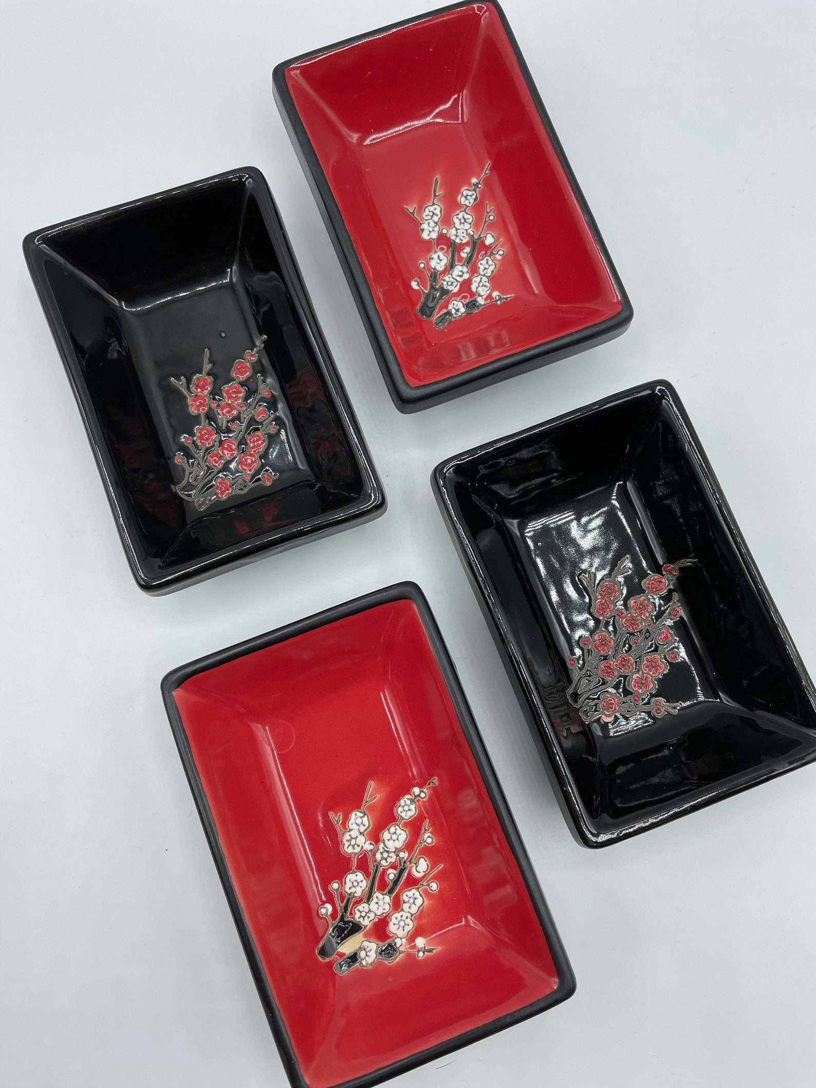 Set of 4 Japanese Sushi Plates Small Ceramic Vintage Red Black | Etsy