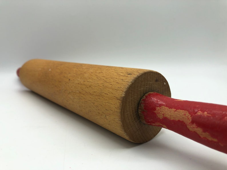 Vintage Wood Rolling Pin Red Handles Rustic Farmhouse Kitchen - Etsy