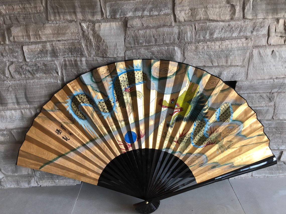 Vintage Large Asian Fan Hand Painted Gold Multi Color Fire | Etsy