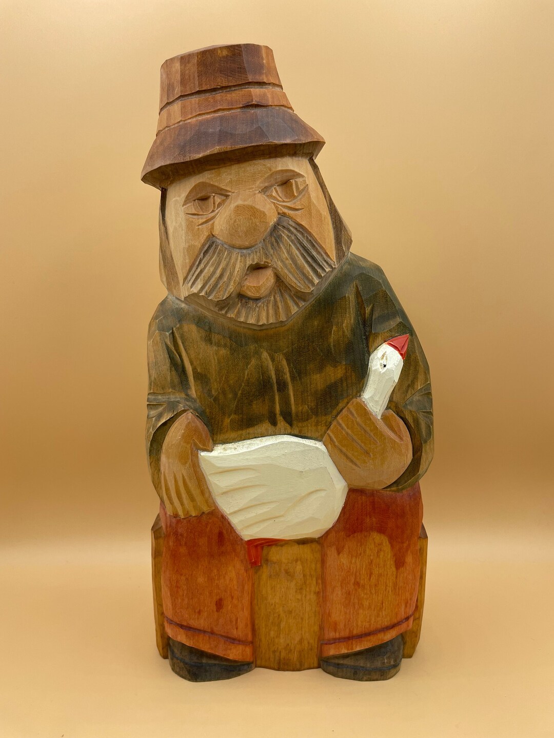 Vintage Hand Carved Wood Man With Goose Figurine Folk Art Fairytale ...
