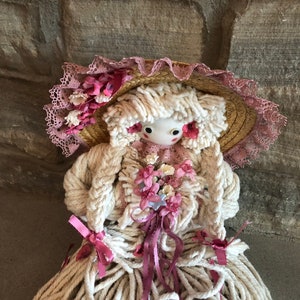 Vintage Pink Mop Doll Handmade Large Mop Doll With Braids, Pink Flowers ...