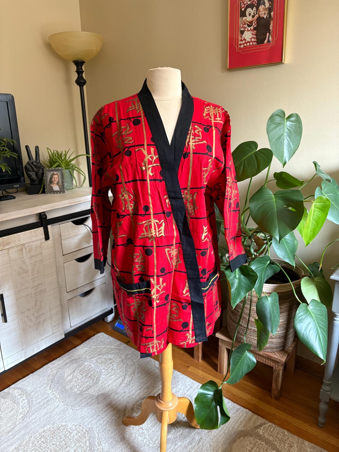 Red All Cotton Kabuki Sleepwear Robe XL Red Gold Black Japanese Yukata ...