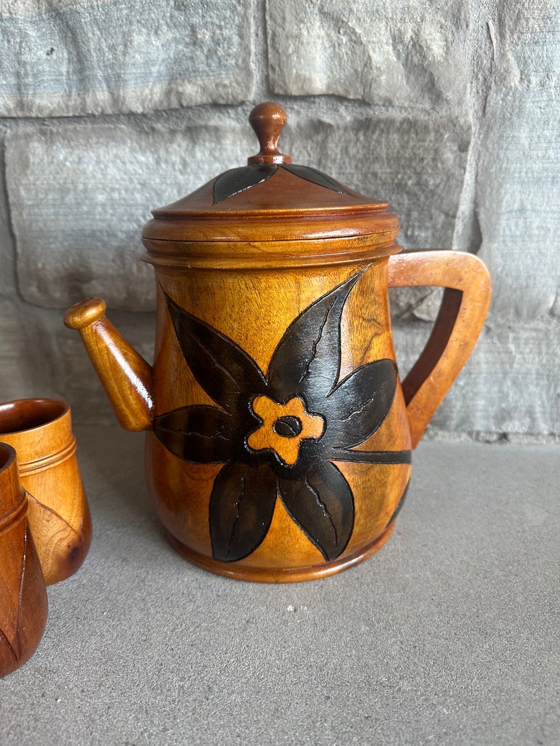 Vintage Hand Carved Polynesian Tiki Pitcher With Cups, Hawaiian Tiki ...
