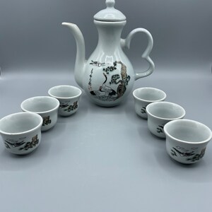 Vintage Japanese Tea Set Sake Set Crane Design 6 Cups Decanter Teapot ...