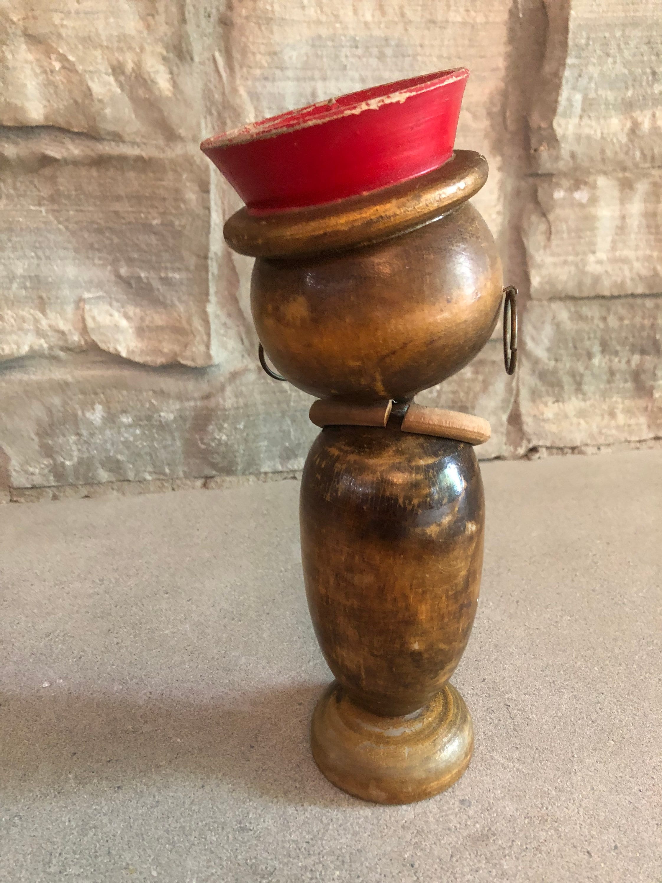 Vintage Wood Bobblehead Lady With Red Hat, Painted Flowers, 1960s Boho ...