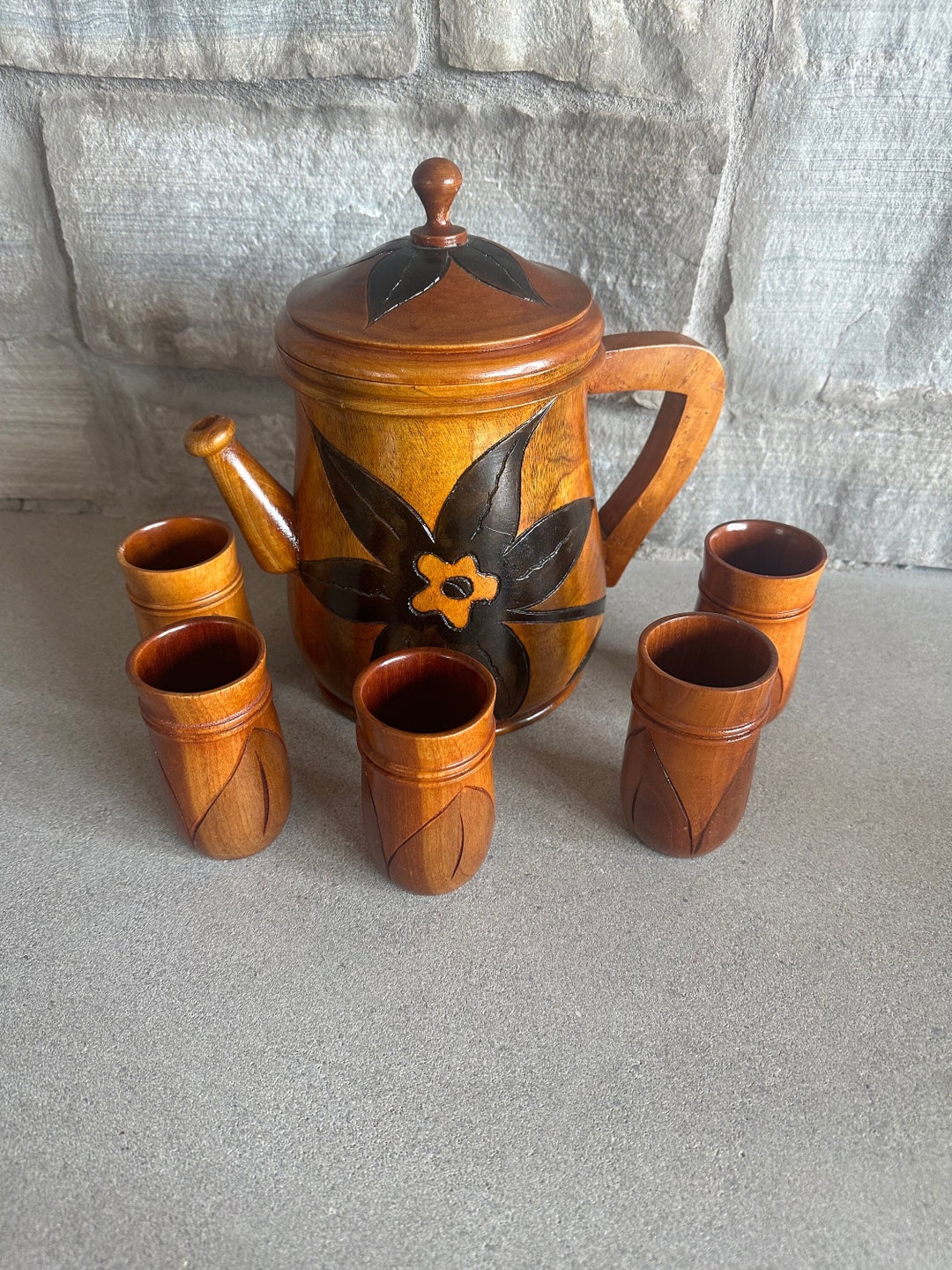 Vintage Hand Carved Wood Tiki Teapot With Lid and Cups Tiki Bar ...