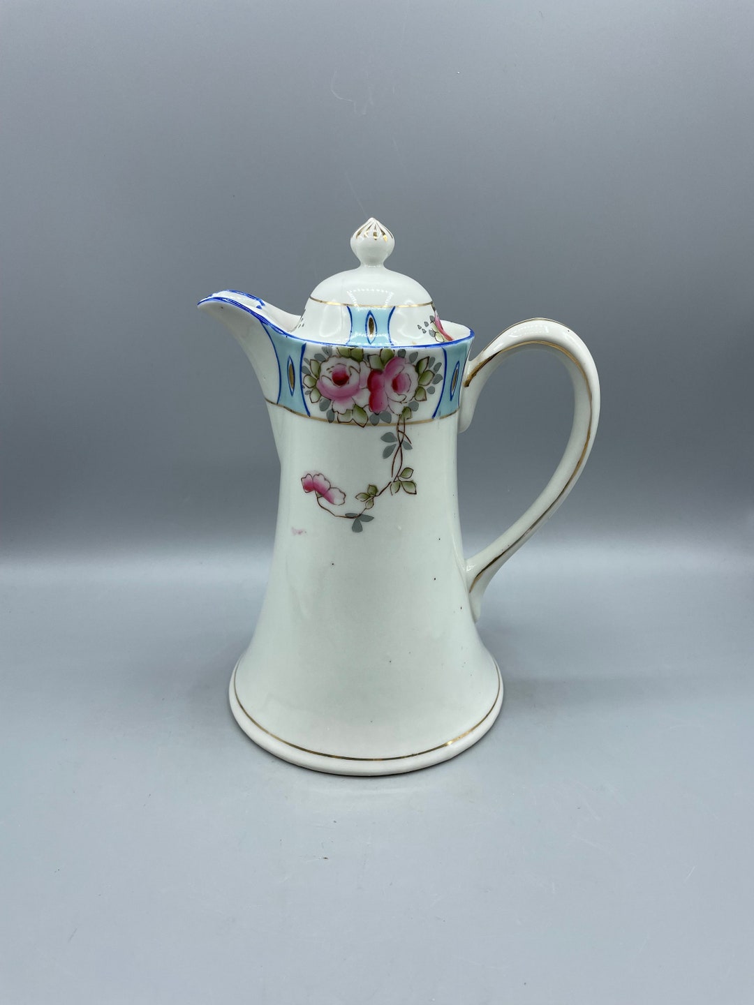 Vintage Nippon Japan Chocolate Pot White Porcelain Pink Flowers Blue ...