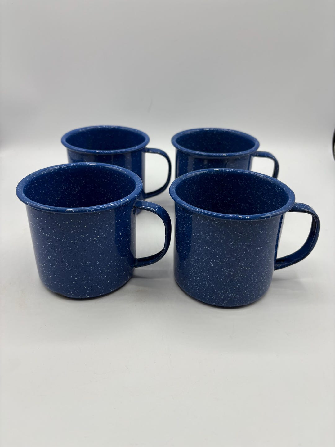 Blue Enamel Mugs 4 Splatterware Metal Camping Coffee Cups Dishes Retro ...