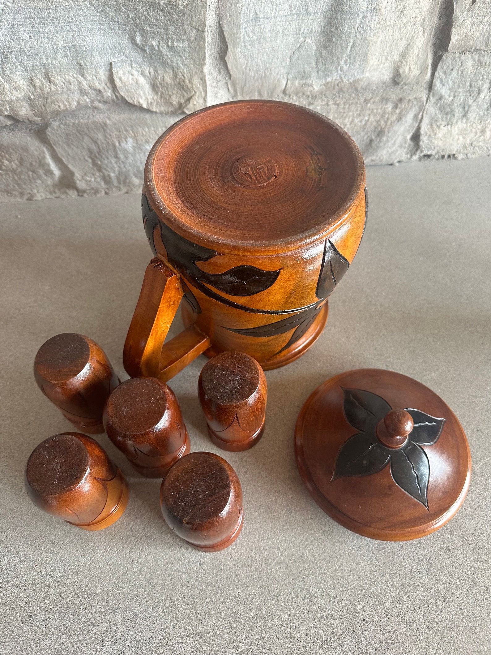 Vintage Hand Carved Polynesian Tiki Pitcher With Cups, Hawaiian Tiki ...