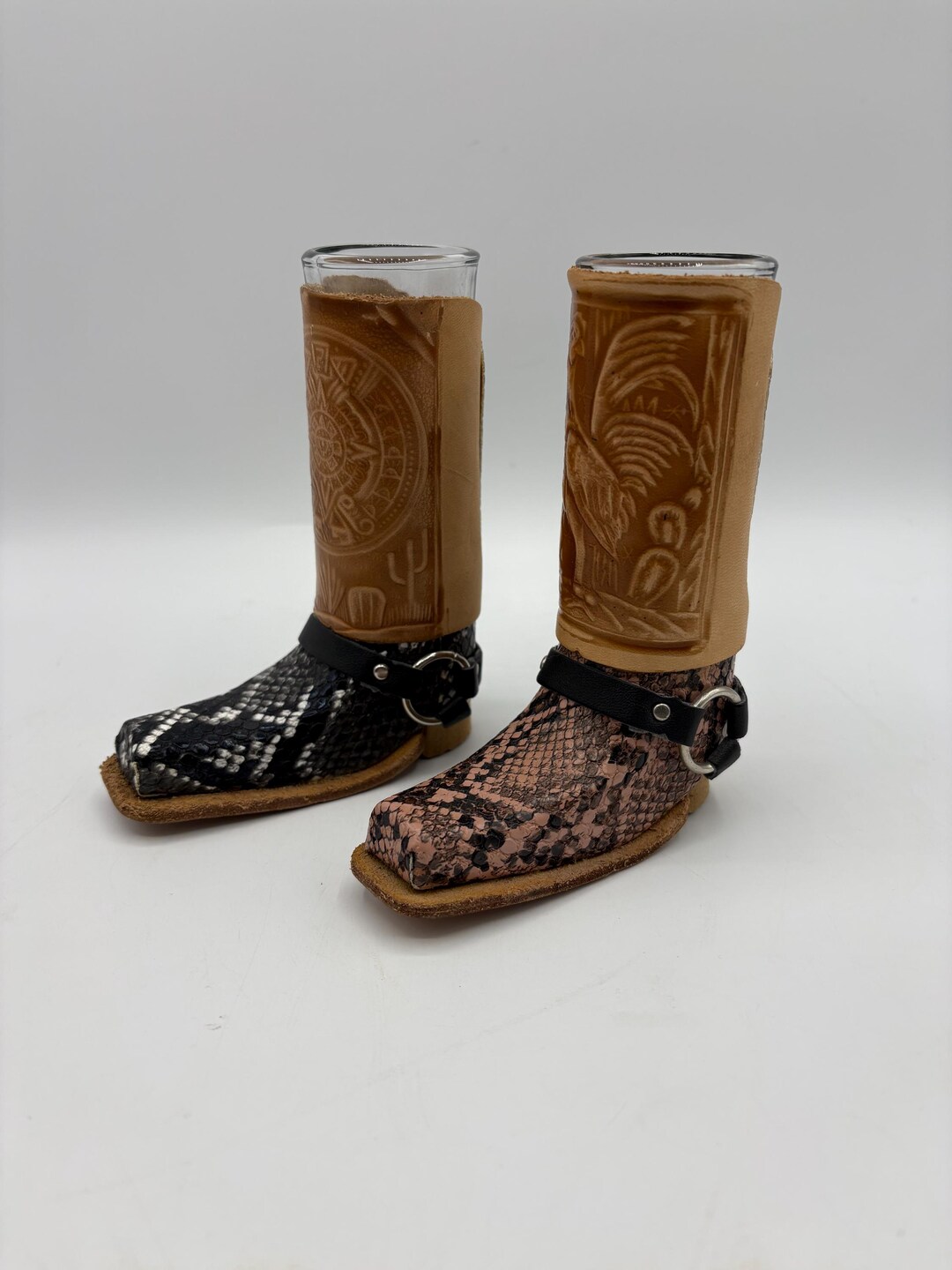 Cowboy Boot Shot Glasses Set of 2 Tooled Leather Snakeskin Western ...