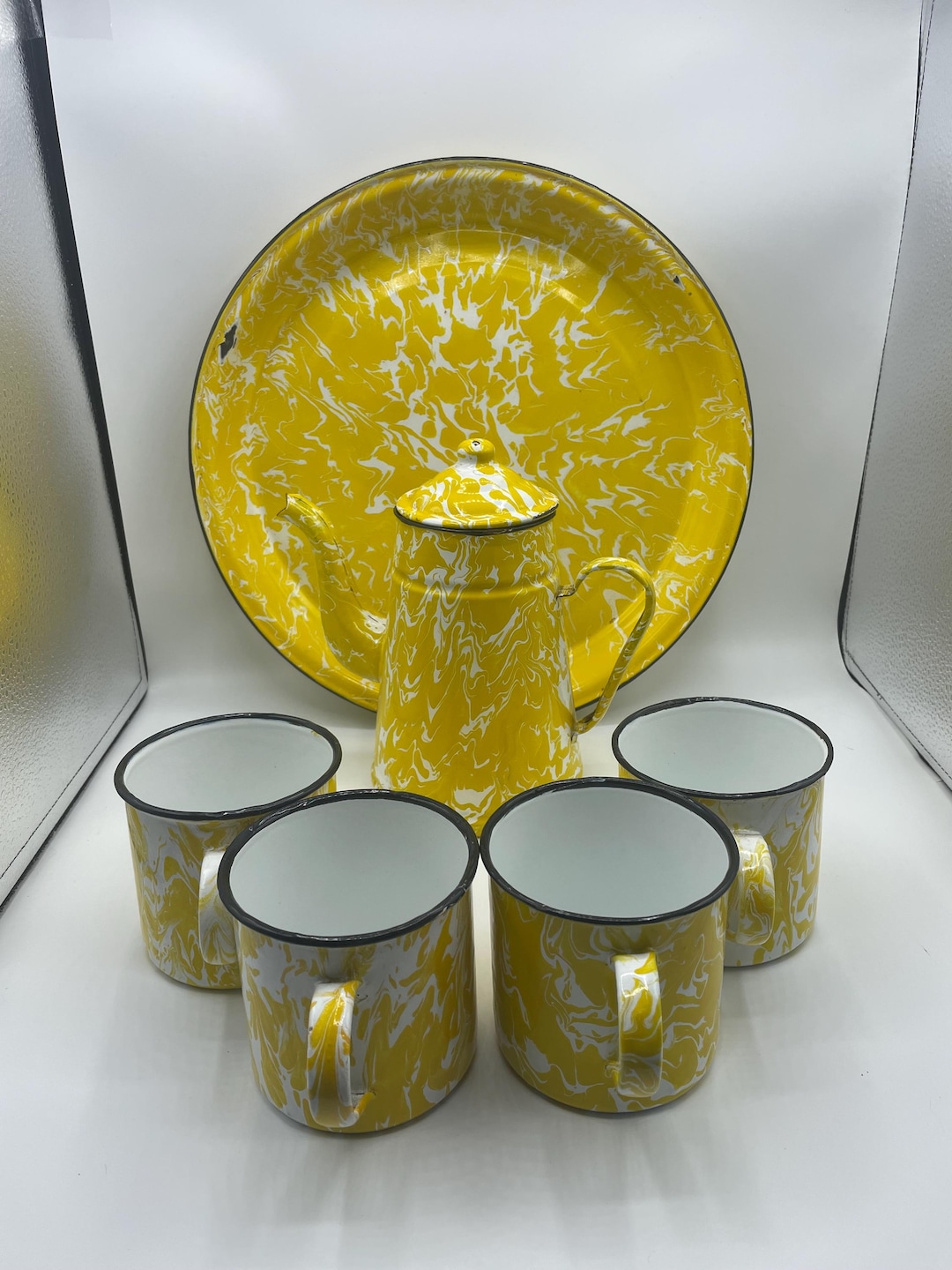 Vintage Yellow Enamelware Dishes Coffeepot Mugs Platter Splatterware ...