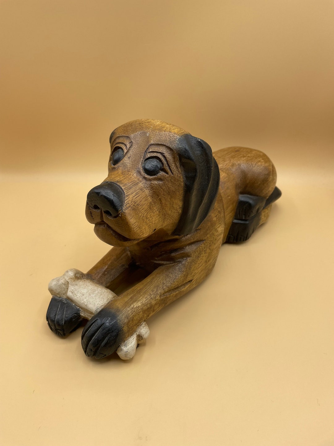Vintage Carved Wood Dog With Bone Statue Brown Black Puppy Wooden ...