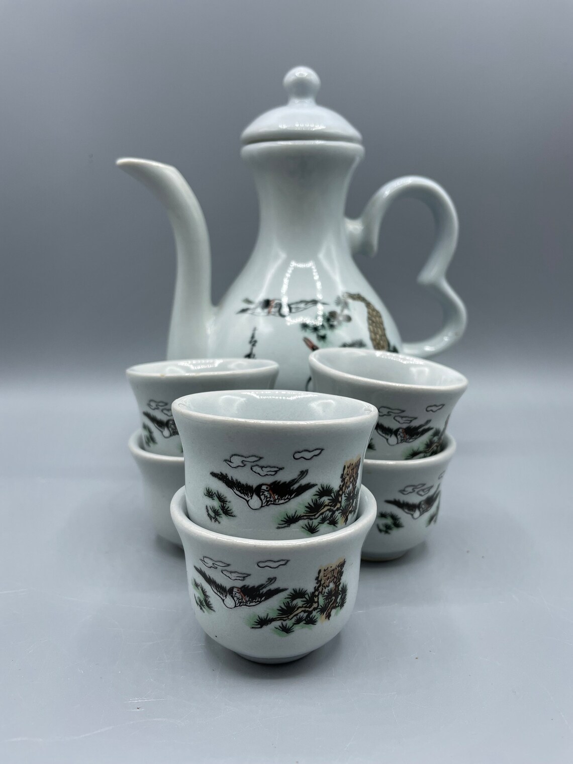 Vintage Japanese Tea Set Sake Set Crane Design 6 Cups Decanter - Etsy