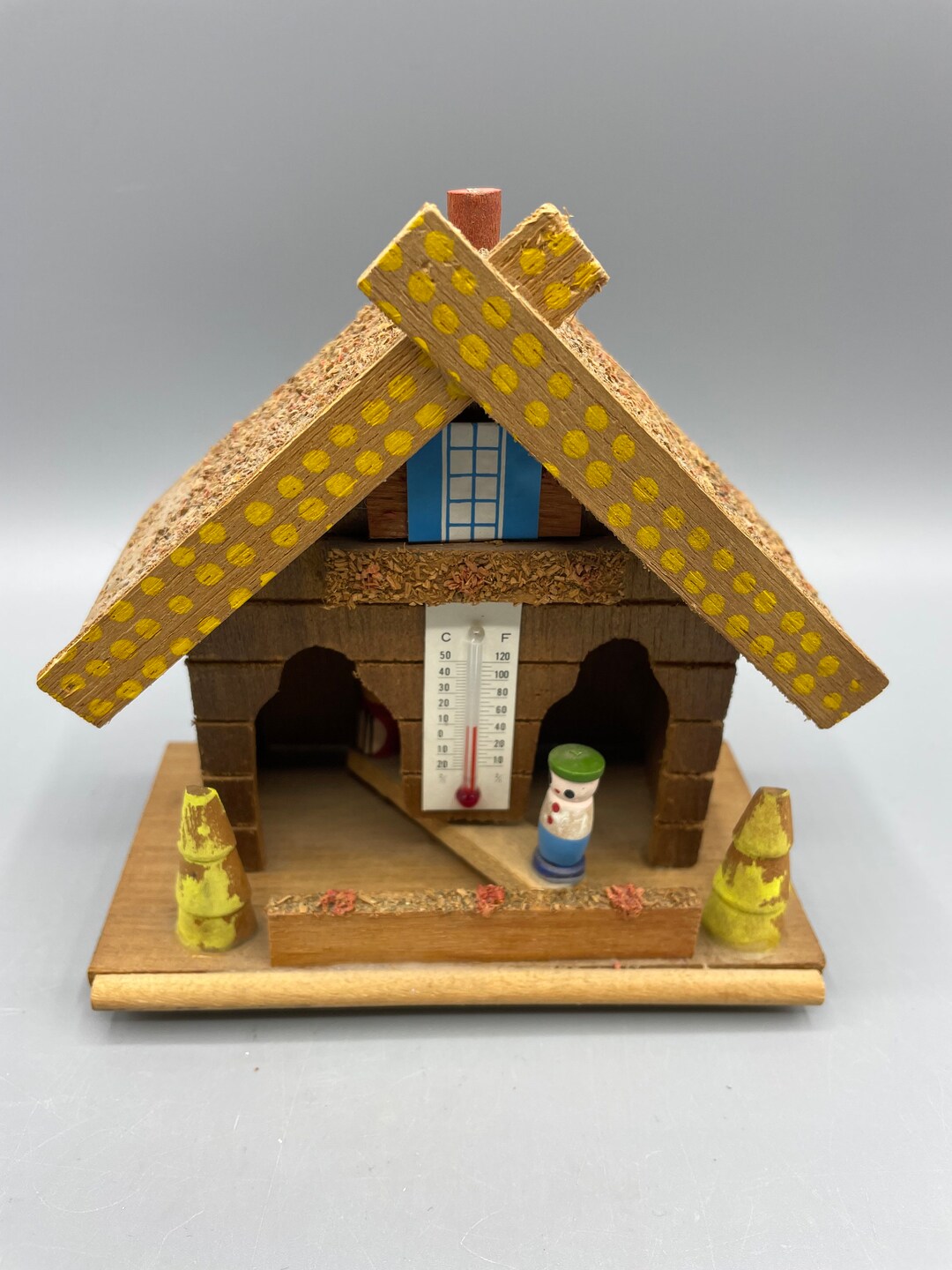 Vintage Wooden Swiss Chalet Bank Thermometer Wood Cabin Scene Miniature ...
