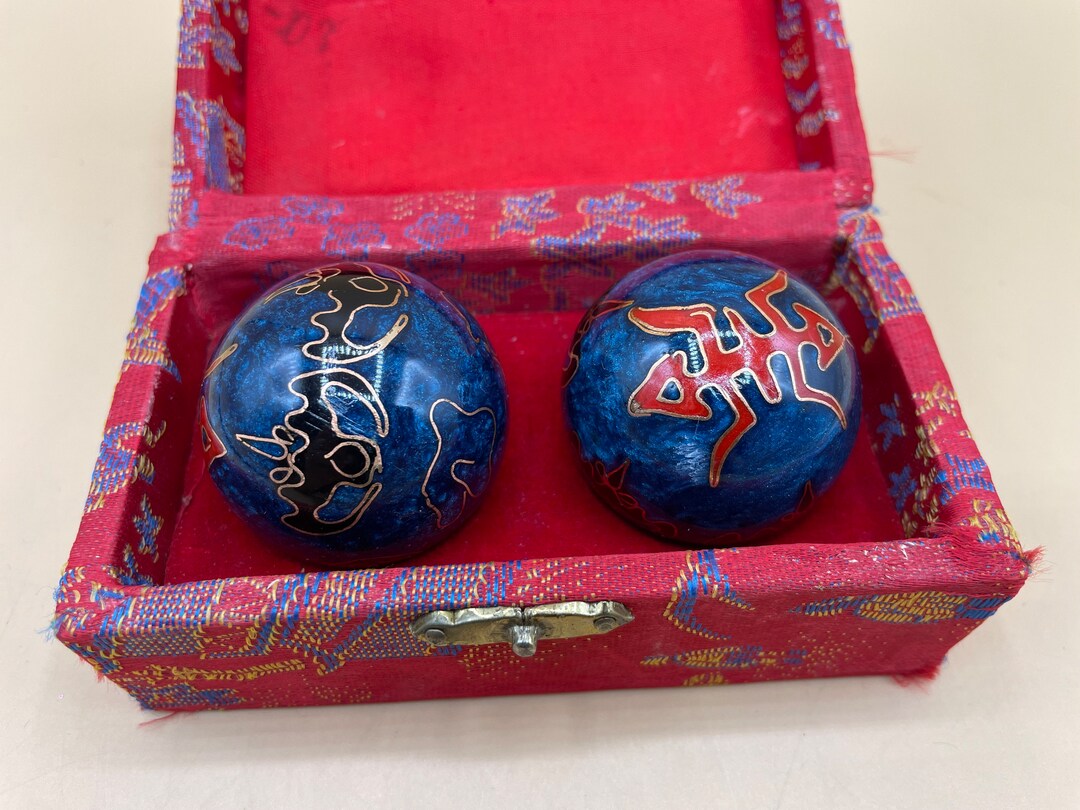 Vintage Asian Baoding Balls Blue Red Gold Enamel Oriental Meditation ...