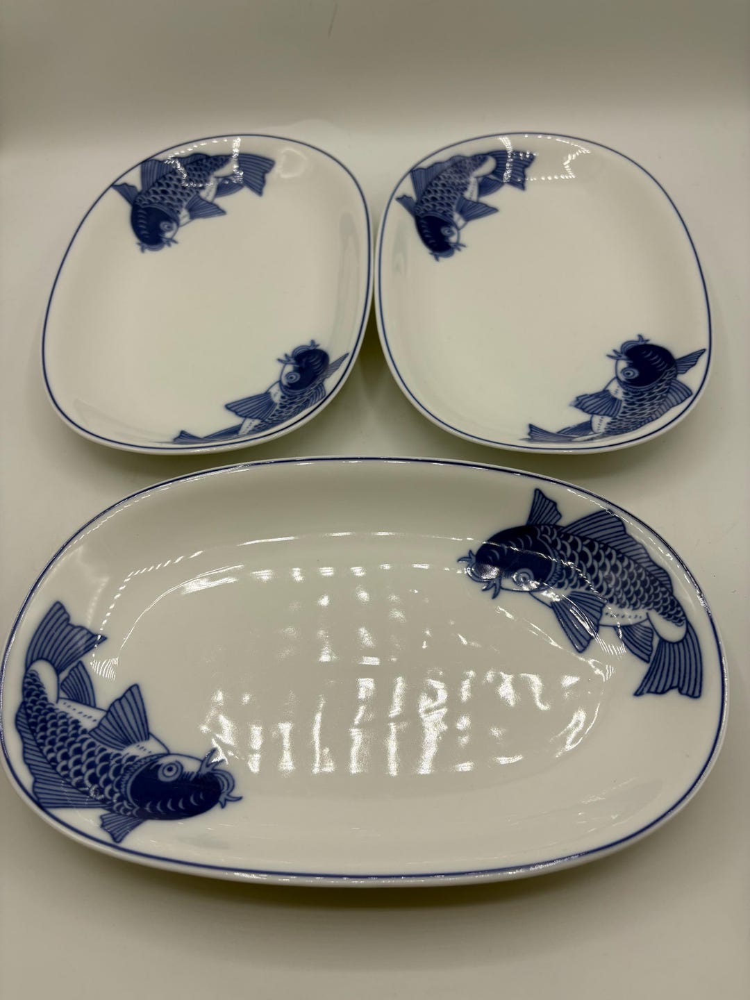 3 Blue Carp Koi Fish Oval Dinner Serving Plates Vintage White Ceramicl ...