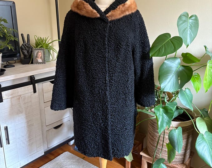 Vintage Black Persian Curly Lamb Fur Coat Mink Collar Mid Century ...