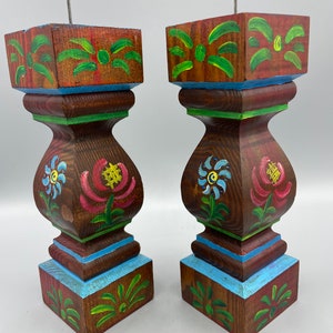 Norwegian Rosemal Wood Candlesticks Swedish Folk Art Blue Pink Yellow ...