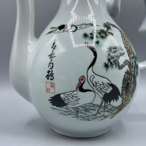 Vintage Japanese Tea Set Sake Set Crane Design 6 Cups Decanter Teapot ...