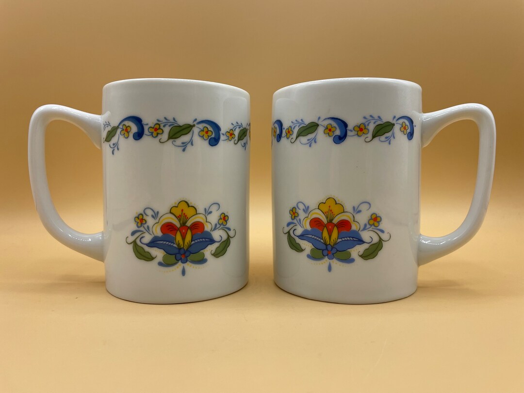 Pair of Scandinavian Style Coffee Cups Norway Rosemal Mugs Rosemaling ...
