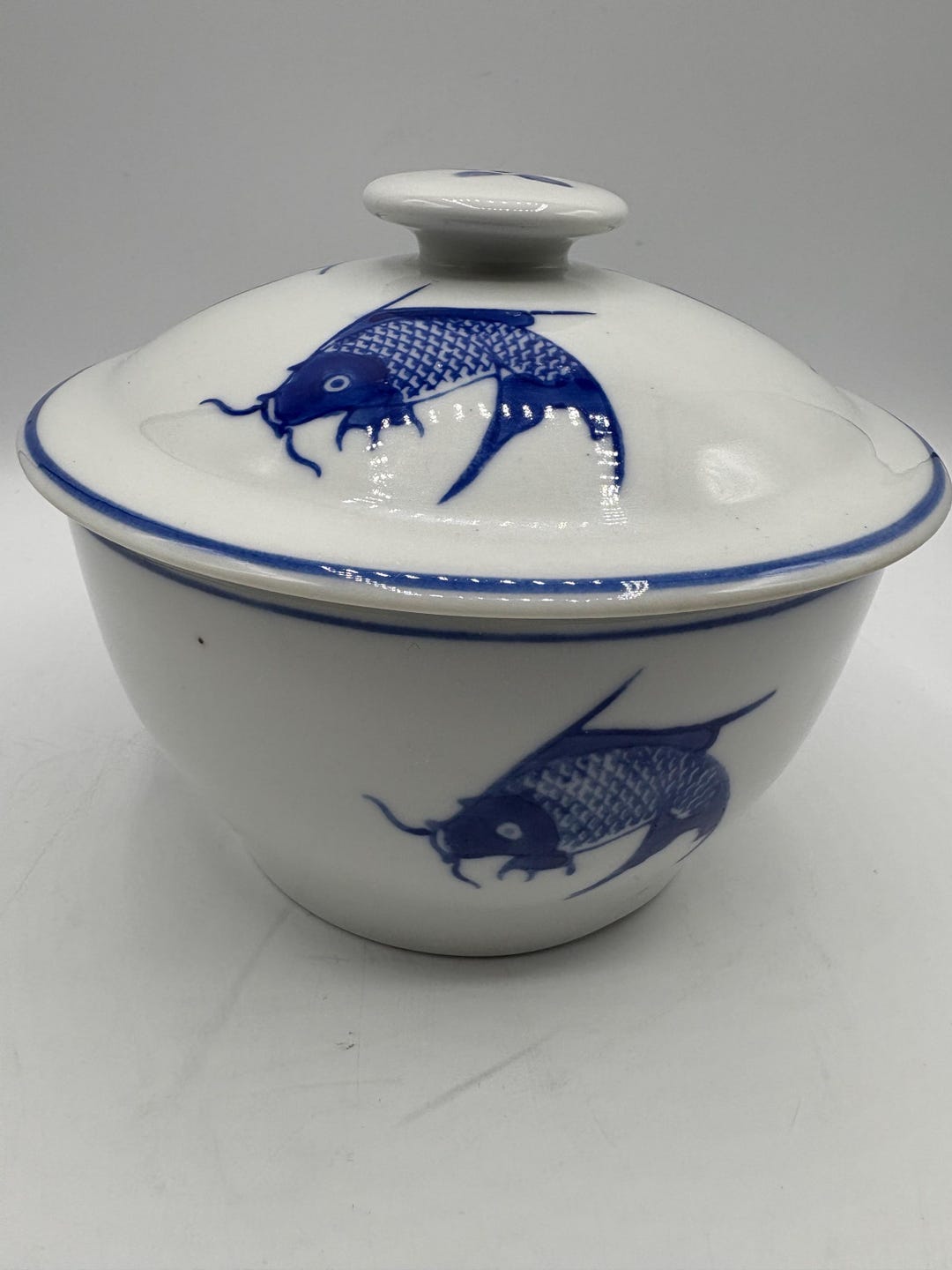 Blue Carp Koi Fish Serving Bowl With Lid Covered Dish Vintage White ...