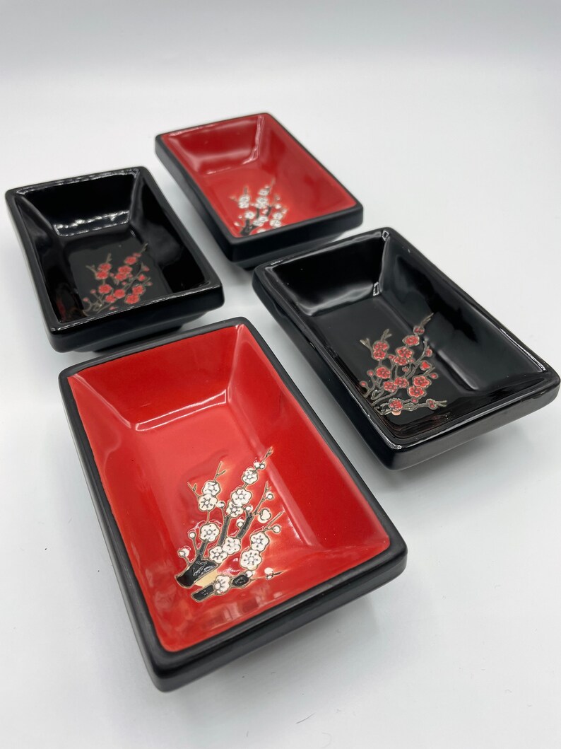 Set of 4 Japanese Sushi Plates Small Ceramic Vintage Red Black - Etsy