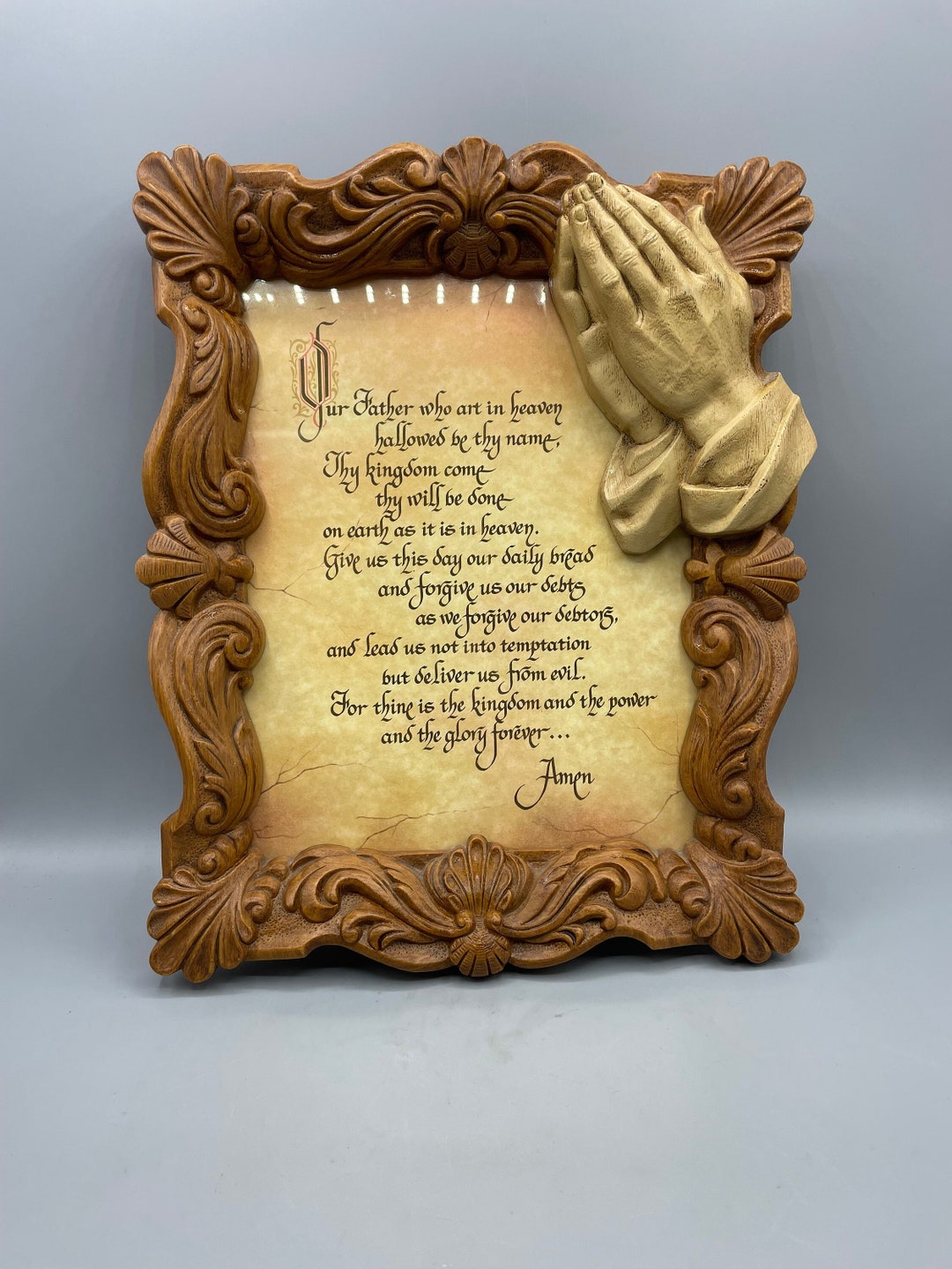 Vintage Lords Prayer Burwood Framed 1970s Praying Hands Calligraphy ...