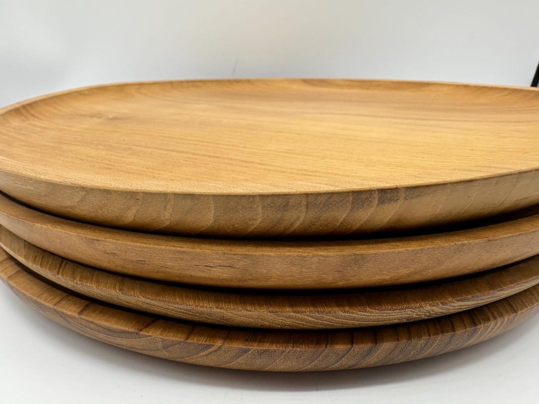Vintage Solid Teak Wood Dinner Plates Set Set of 4 Wooden Plate Natural ...