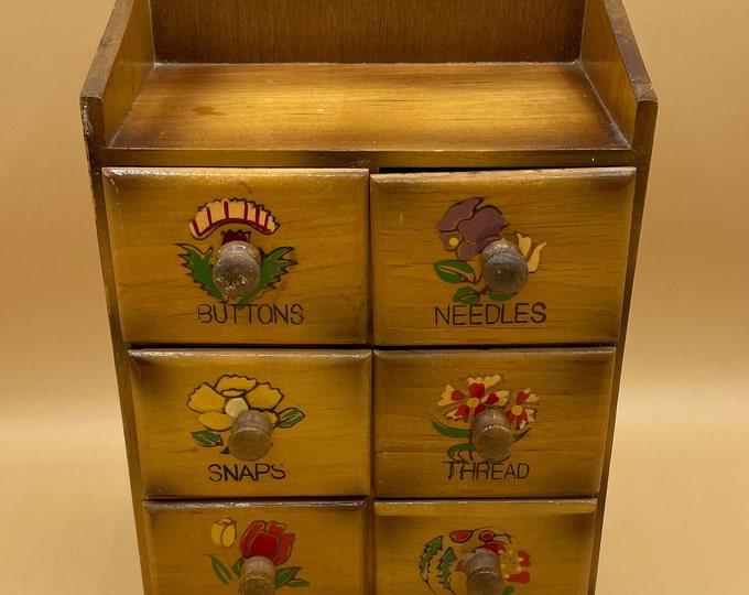 Vintage Wood Sewing Notions Cabinet Retro Wooden Sewing Supplies Holder ...