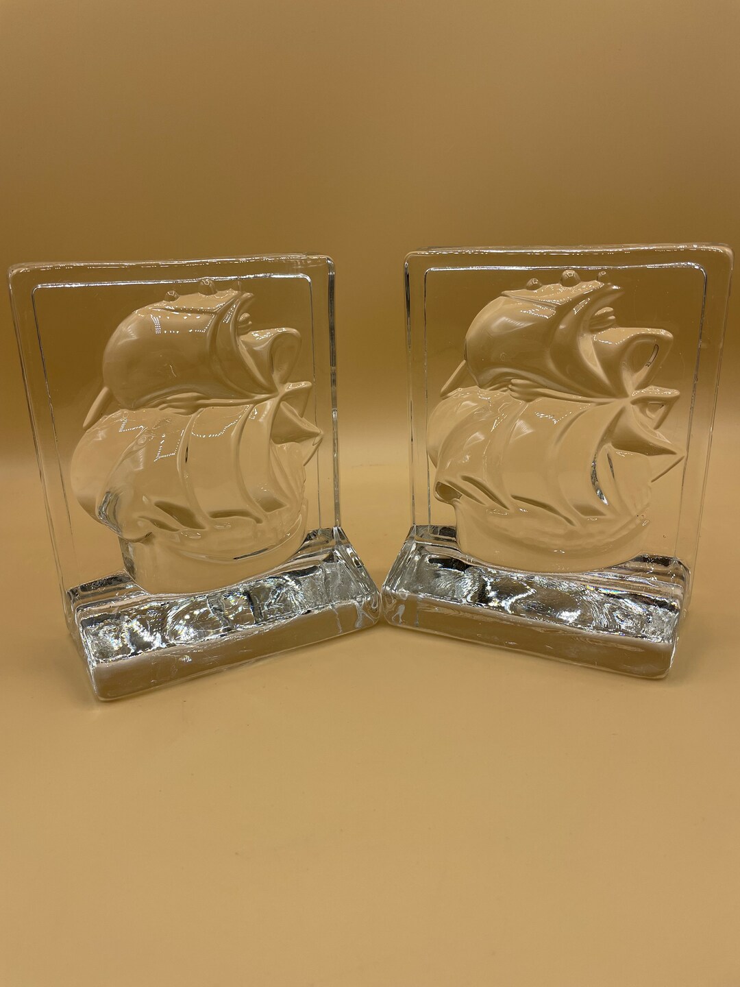 Vintage Ship Bookends Heavy Clear Glass Nautical Pirate Ships Book Ends ...