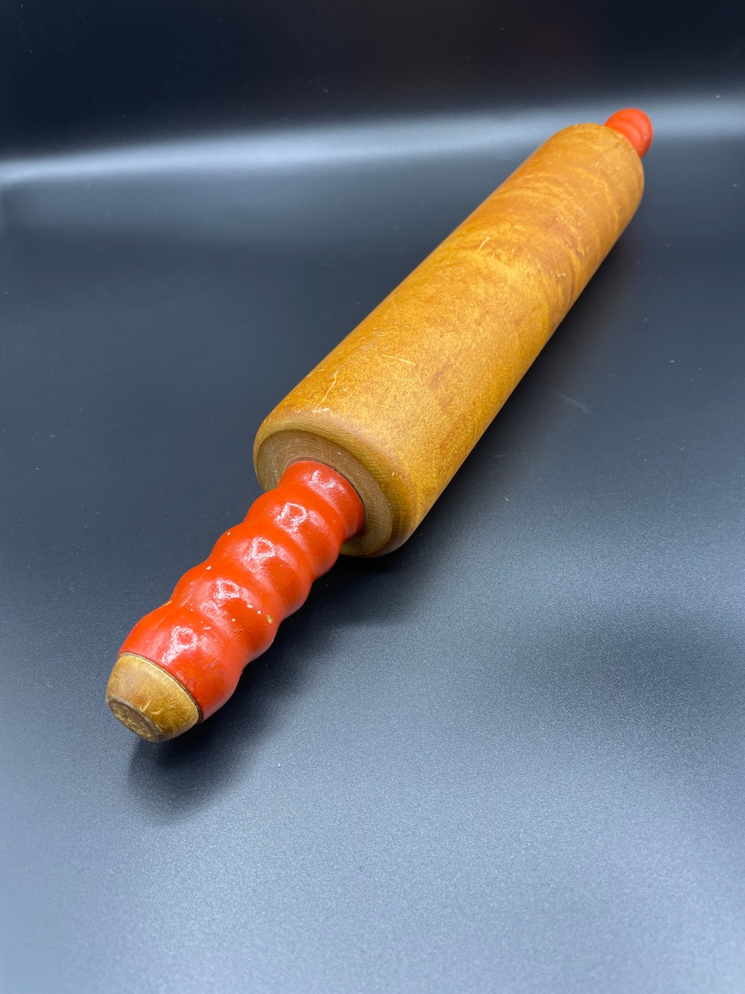 Vintage Wood Rolling Pin Red Handles Rustic Farmhouse Kitchen Decor