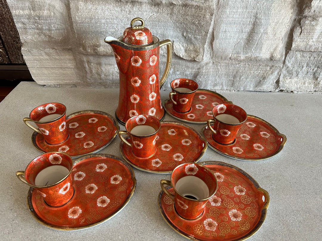 Vintage Japanese Chocolate Pot Set Cups Saucer Orange Gold Floral Asian ...
