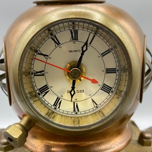 Vintage Ships Clock Brass Diving Helmet Nautical Desk Tabletop Clock ...