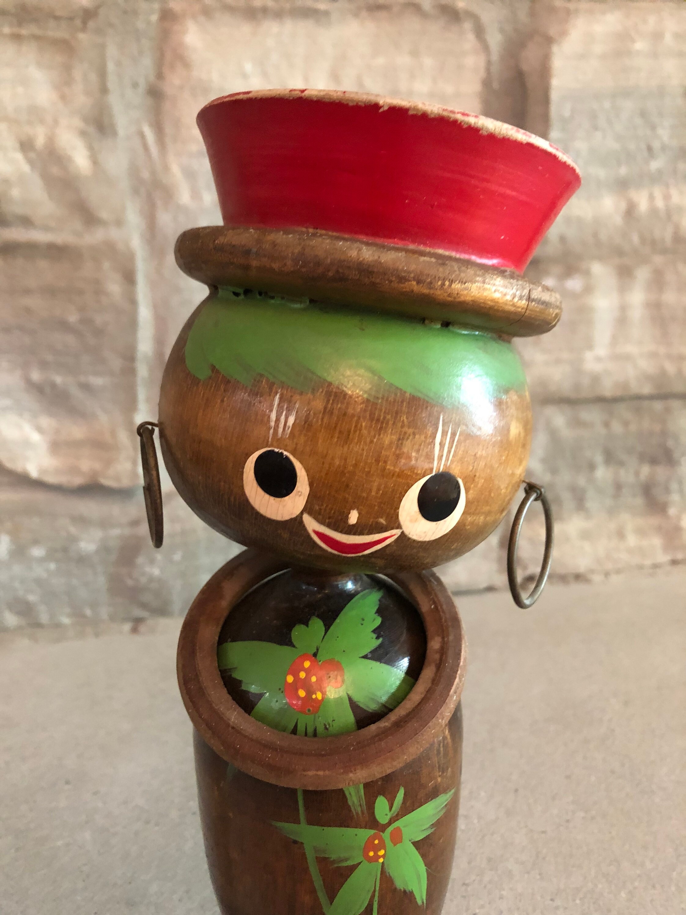 Vintage Wood Bobblehead Lady With Red Hat, Painted Flowers, 1960s Boho ...
