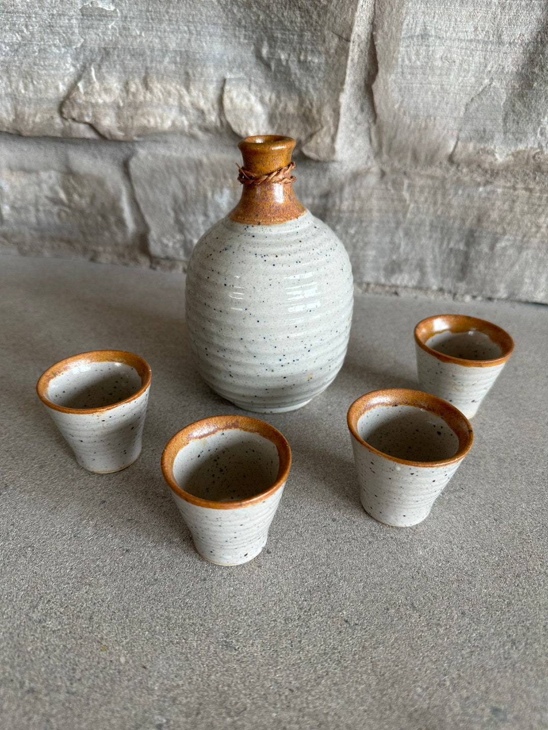 Vintage Japanese Ceramic Sake Set, Beige Brown Decanter & 4 Cups - Etsy