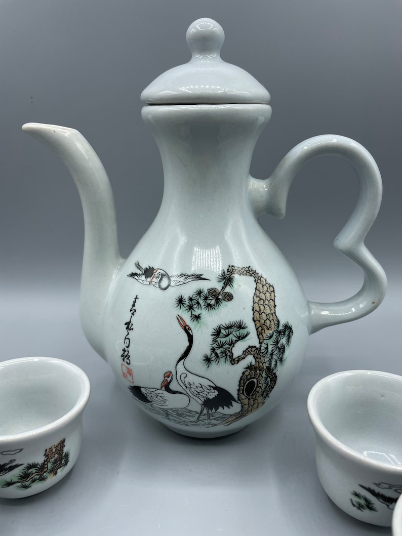 Vintage Japanese Tea Set Sake Set Crane Design 6 Cups Decanter - Etsy