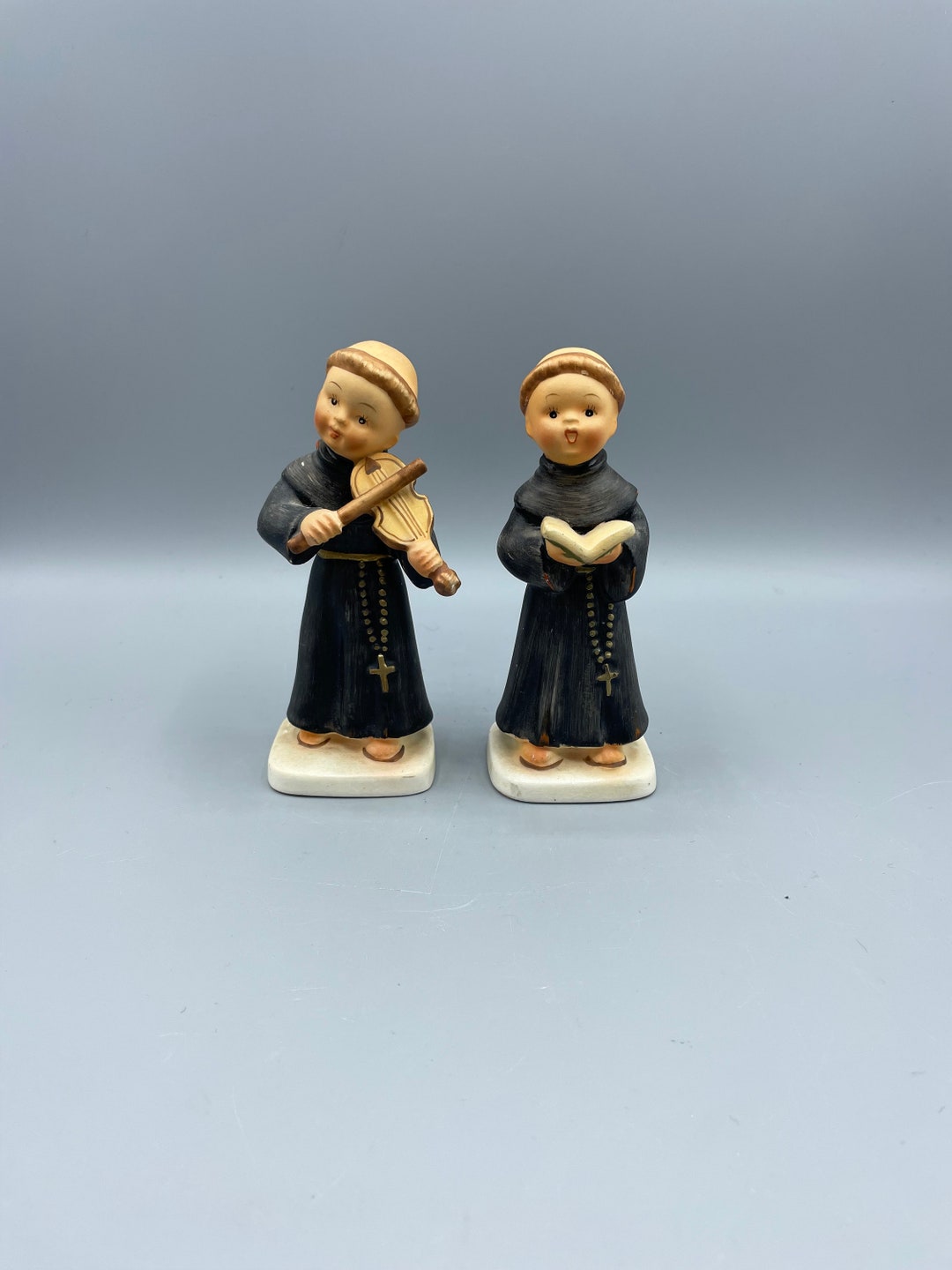 Vintage Porcelain Priests Monk Reading Bible Playing Violin Brown Robe ...