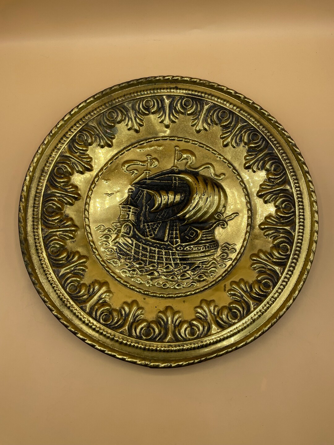 Vintage Ship Sailing Brass Plate Flue Cover Decorative Wall Plate Gold ...