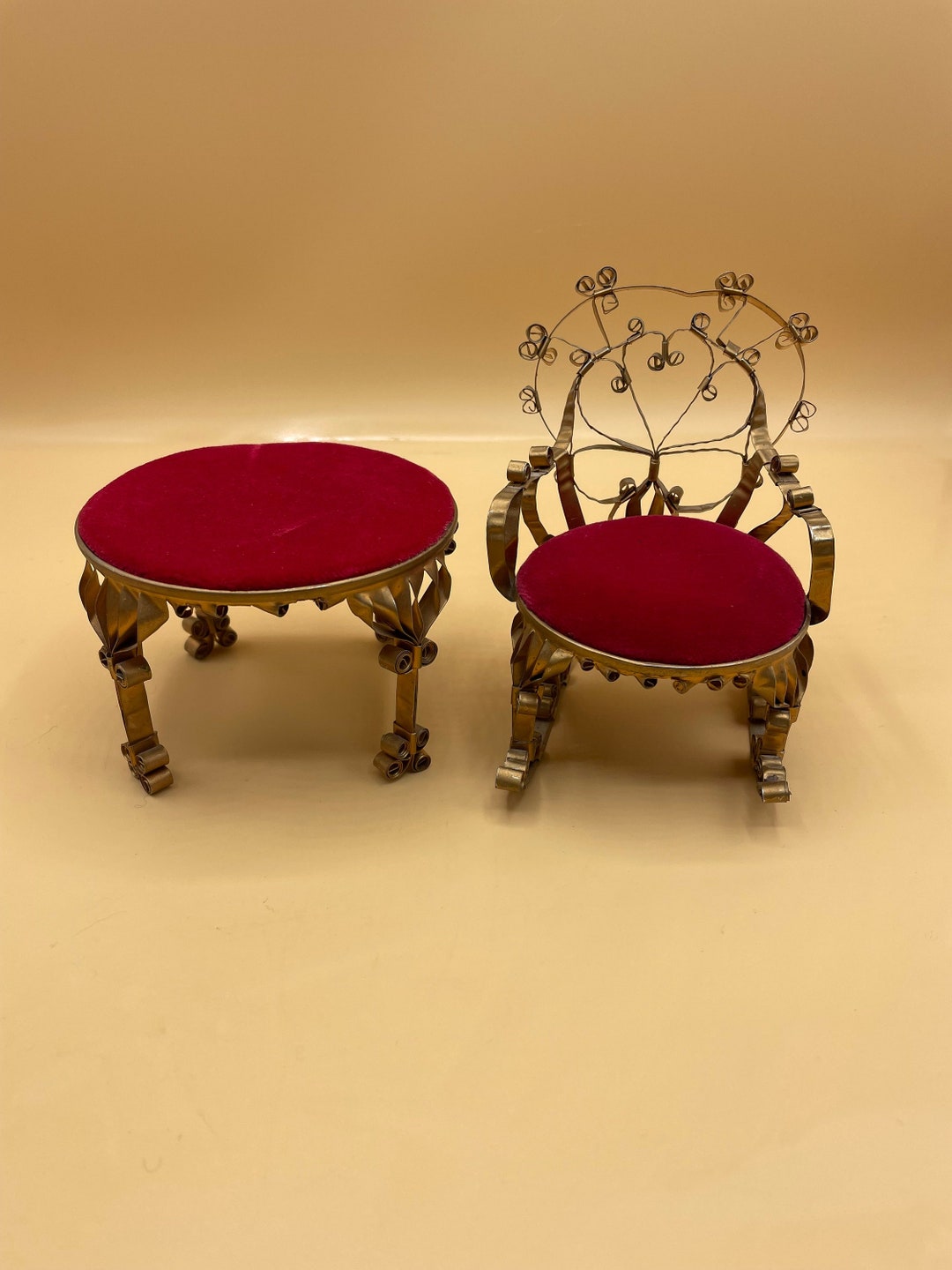 Vintage Tramp Art Metal Miniature Furniture Set Red Velvet Gold Metal ...