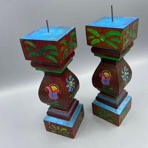 Norwegian Rosemal Wood Candlesticks Swedish Folk Art Blue Pink Yellow ...