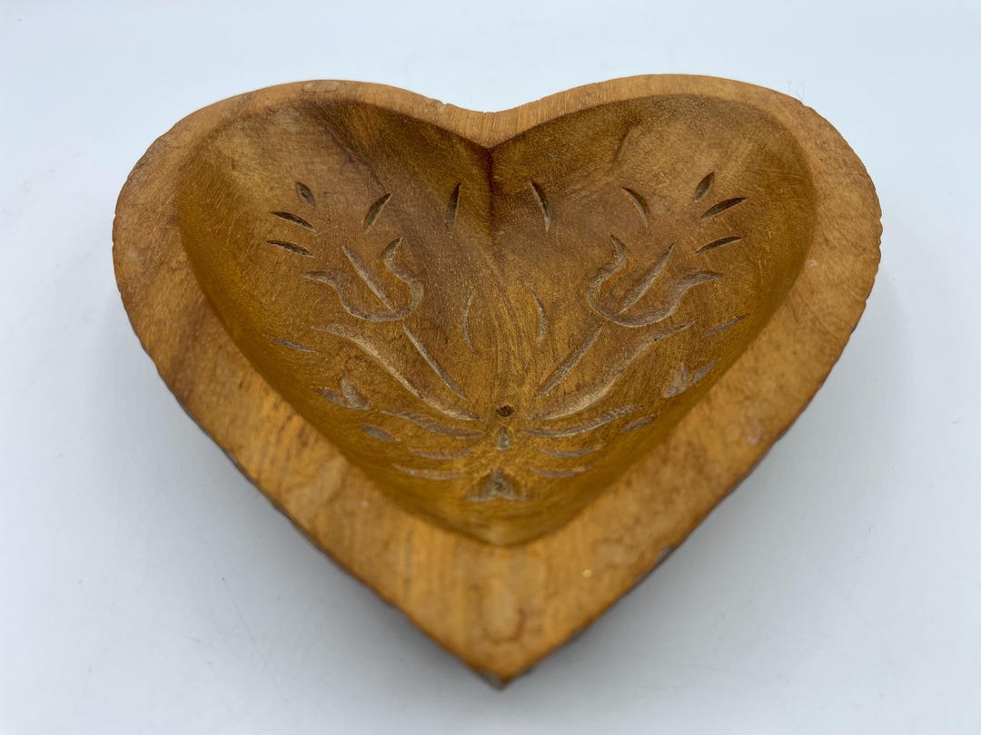 Vintage Hand Carved Heart Shaped Wood Small Bowl Rustic Wooden Trinket ...