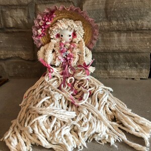 Vintage Pink Mop Doll Handmade Large Mop Doll With Braids, Pink Flowers ...