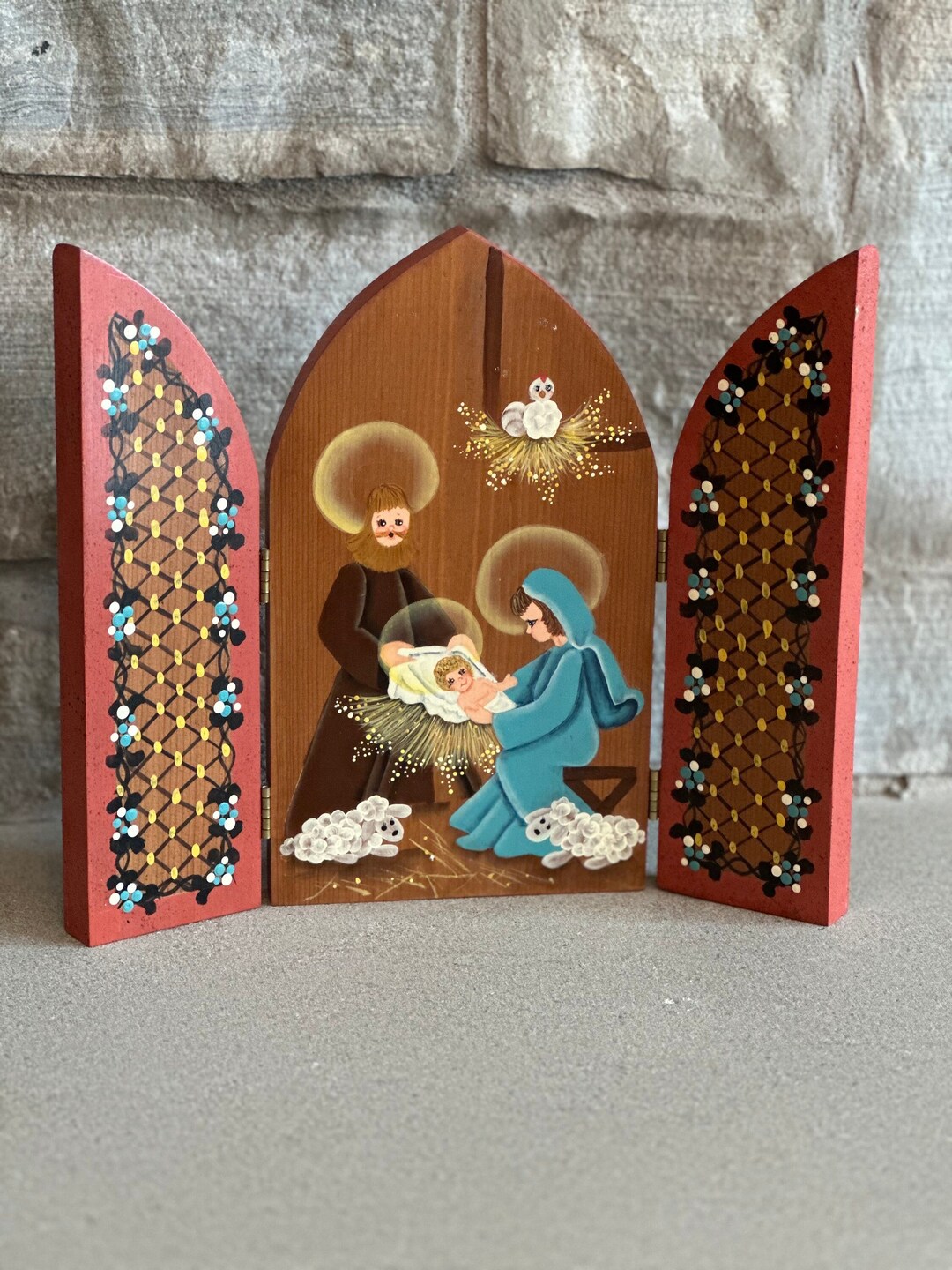 Vintage Hand Painted Wood Nativity Manger Scene Tri Fold Rosemaling ...