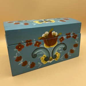 Norwegian Rosemaling Jewelry Box Vintage Hand Painted Blue Wood Trinket ...