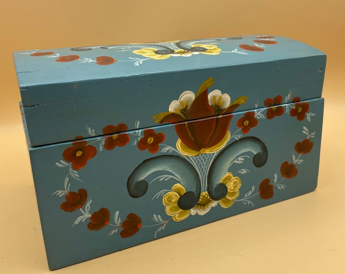 Norwegian Rosemaling Jewelry Box Vintage Hand Painted Blue Wood Trinket ...