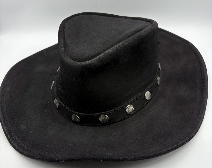 Black Leather Concho Hat Vintage Western Minnetonka Rocker Hipster ...