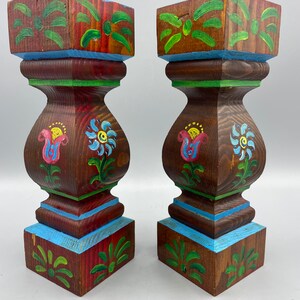 Norwegian Rosemal Wood Candlesticks Swedish Folk Art Blue Pink Yellow ...