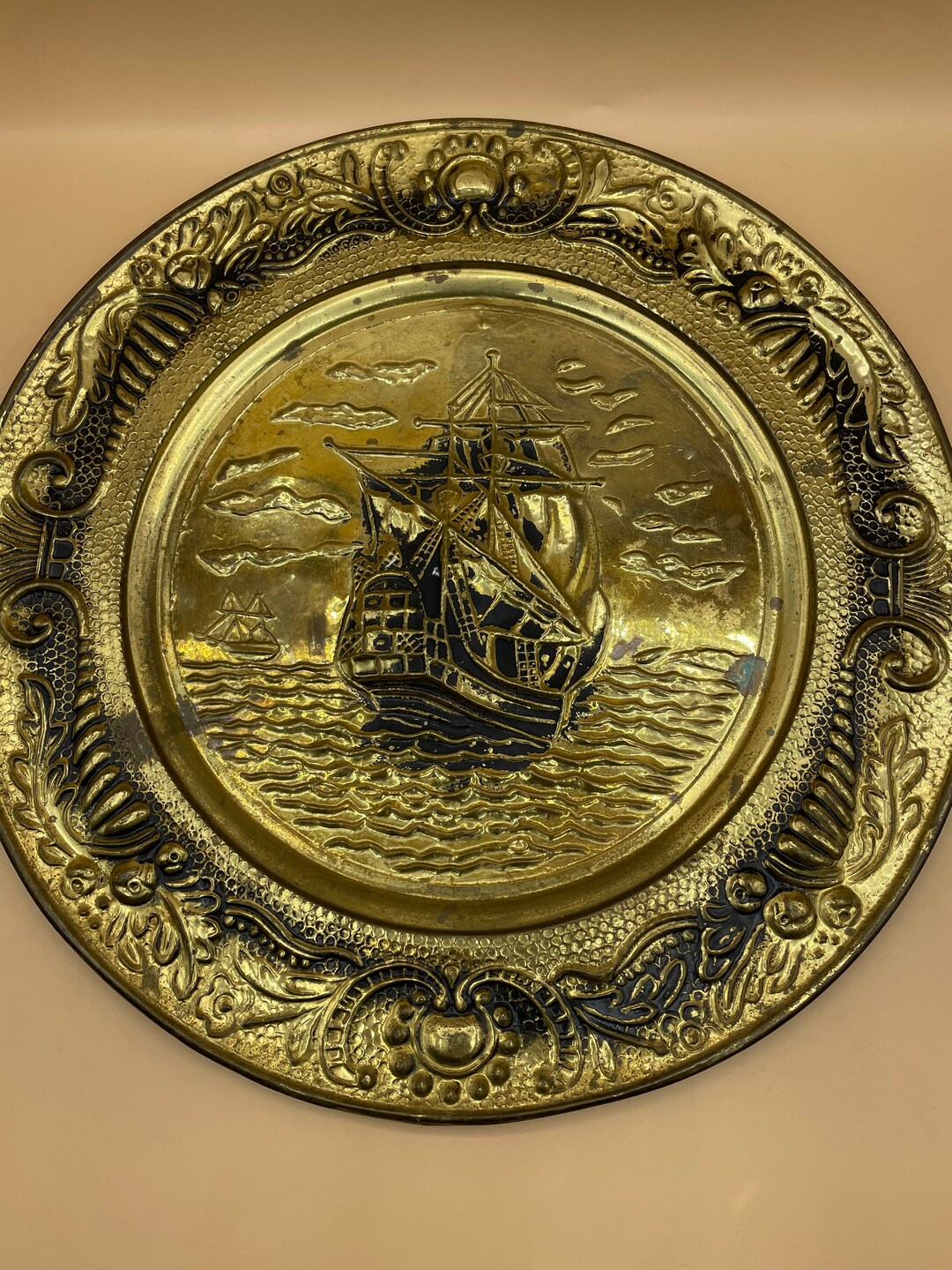 Vintage Ship Sailing Brass Plate Flue Cover Decorative Wall Plate Gold ...